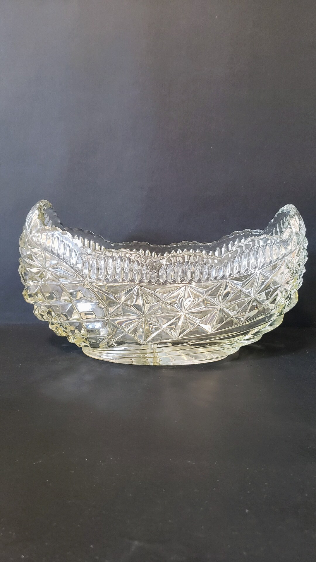 Oval Boat Shape Crystal Fruit Bowl Ornate Antique Glass Intricate Glass ...