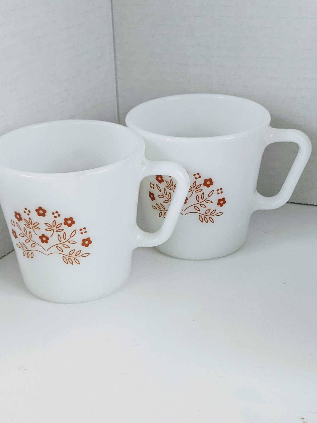 Vintage Pyrex Coffee Mug: White With Brown Floral Pattern - Etsy