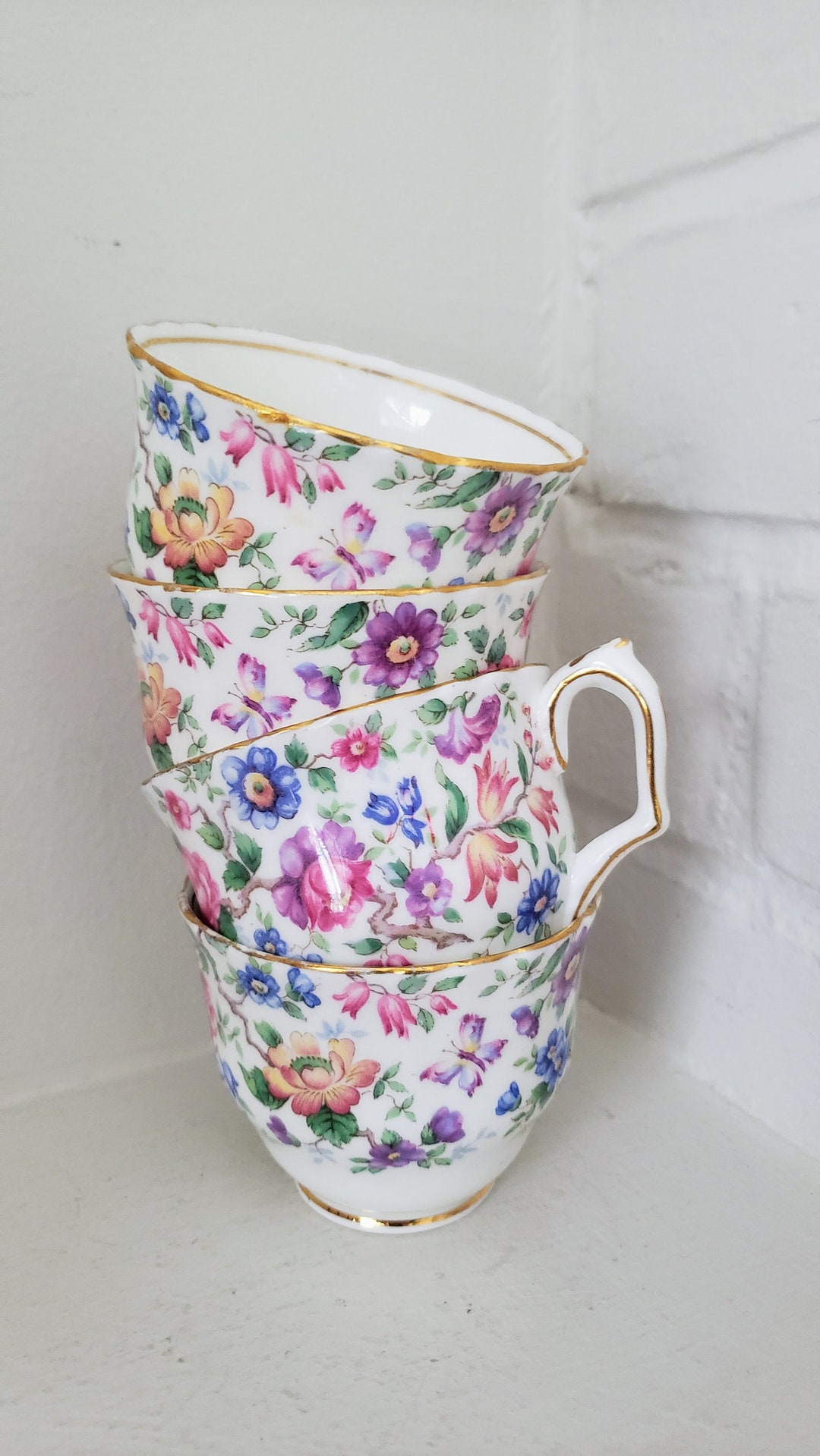 Crown Staffordshire Tea Cups Set of 4 Tea Cups Springtime Multi Colour ...