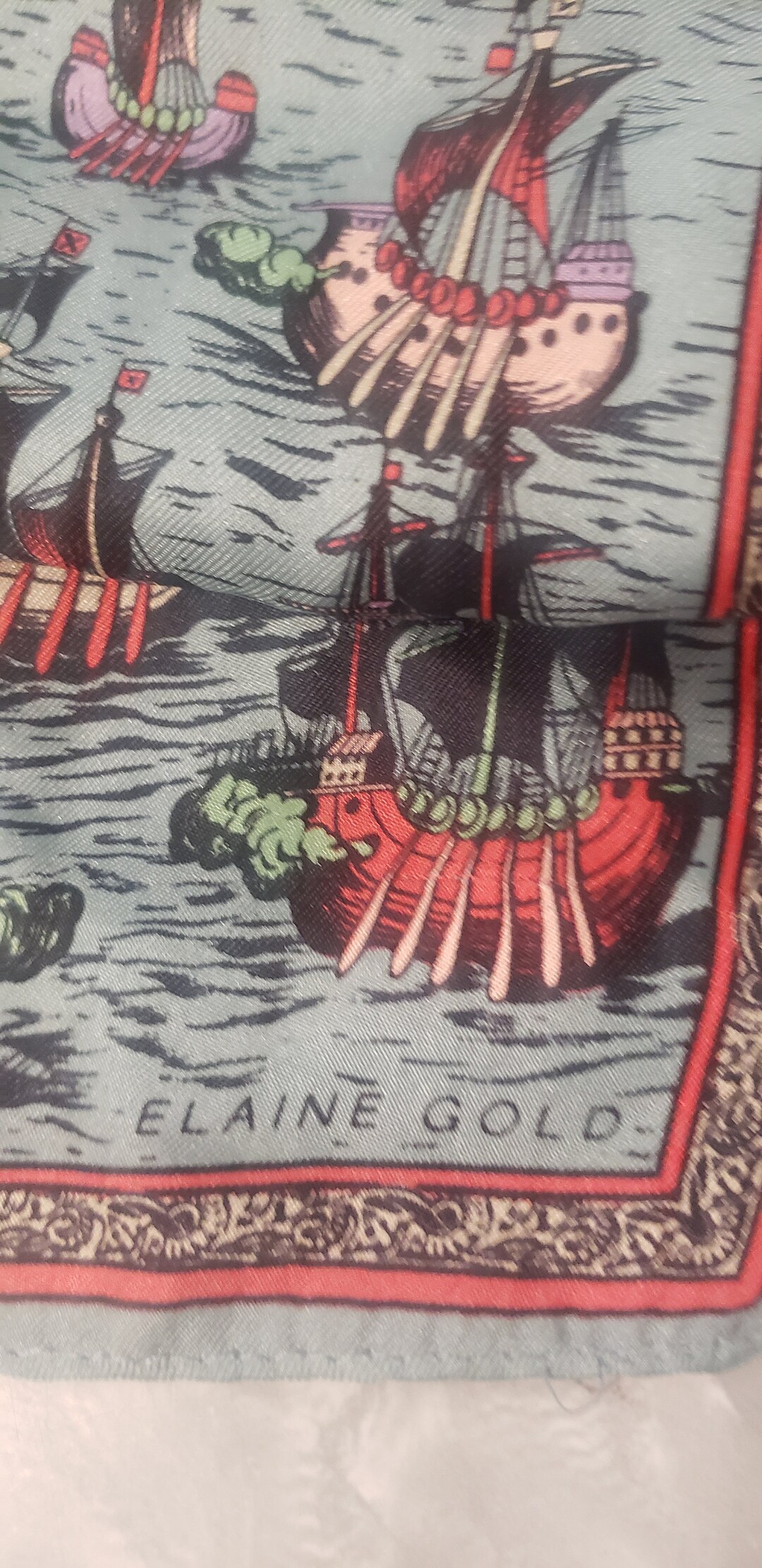 Elaine Gold Silk Scarf Intricate Boats With Hand Rolled Edges Boarder ...
