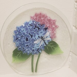 Vintage Glass Floral Plate Clear Plate With Pink Blue Hydrangea Fusion ...