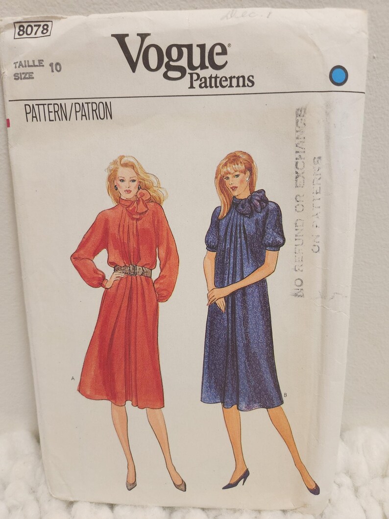 Vintage Vogue 8078 Dress Sewing Pattern • Size 10, Bow Tie Neck - Etsy