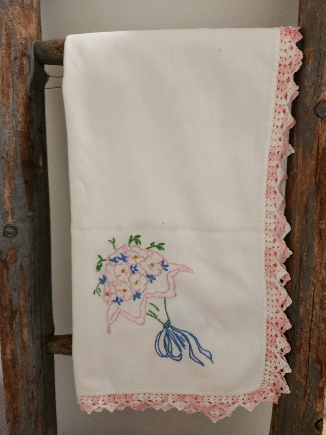 Shabby Chic Table Cloth Pink Boarder Hand Embroidered Edges White Table ...