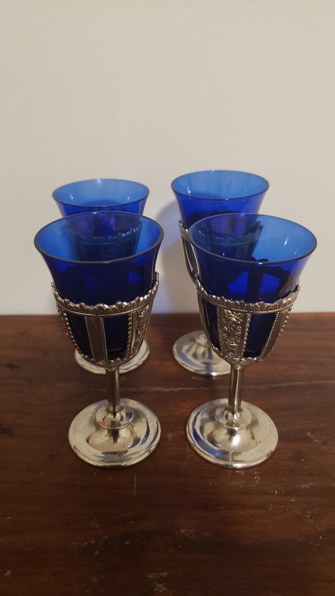 Vintage Cobalt Blue Liquor Glasses - Set of 4 Plated Pedestal Barware ...