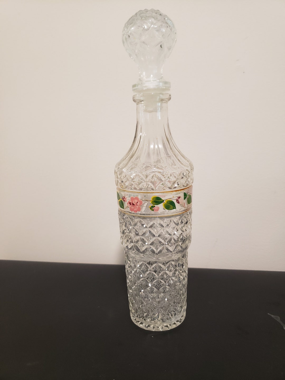 Vintage Clear Glass Decanter With Bank of Flowers and Gold Accent ...