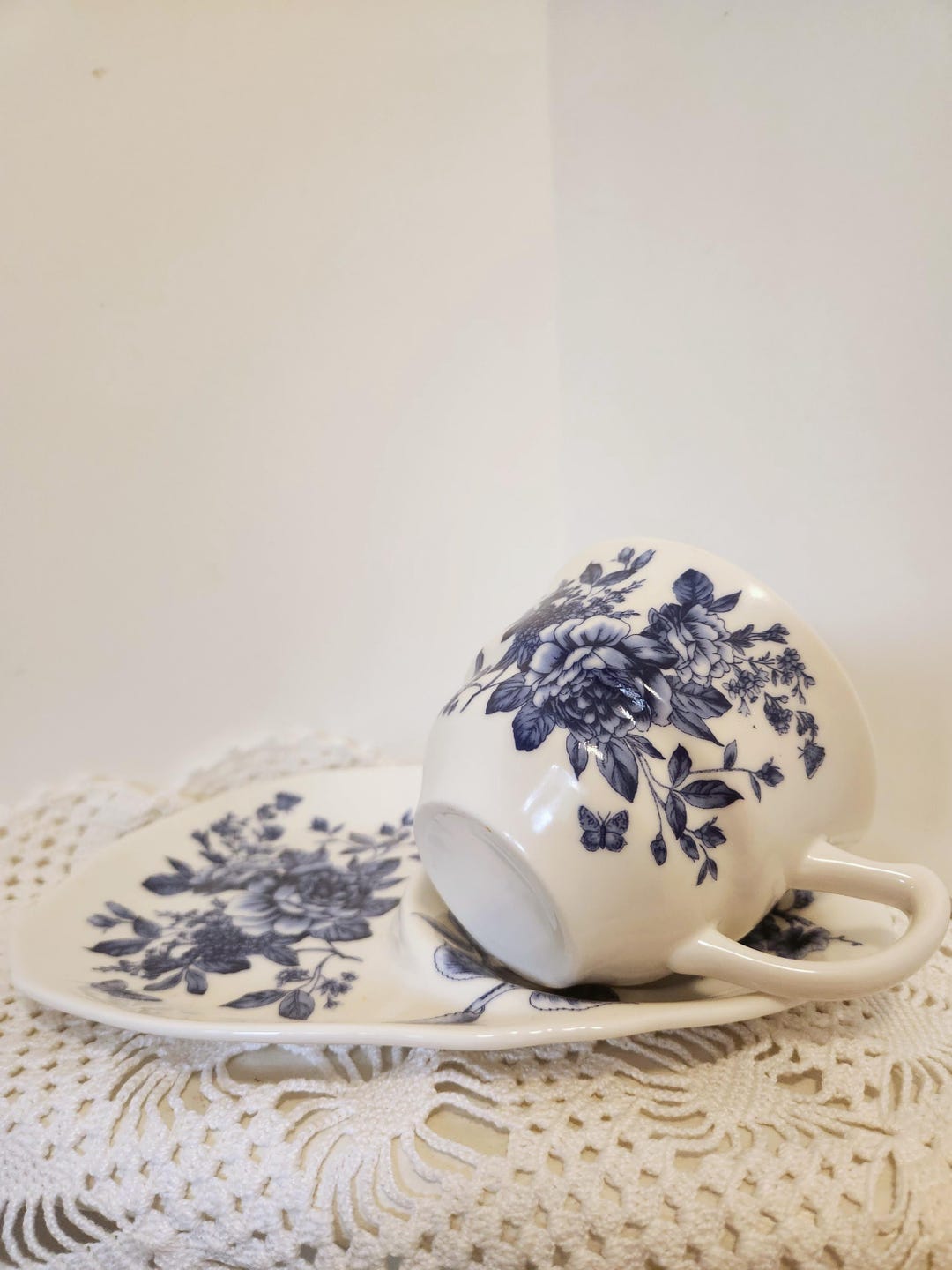 Tea Cup Luncheon Plate White Blue Floral Nantucket Porcelain Snack ...