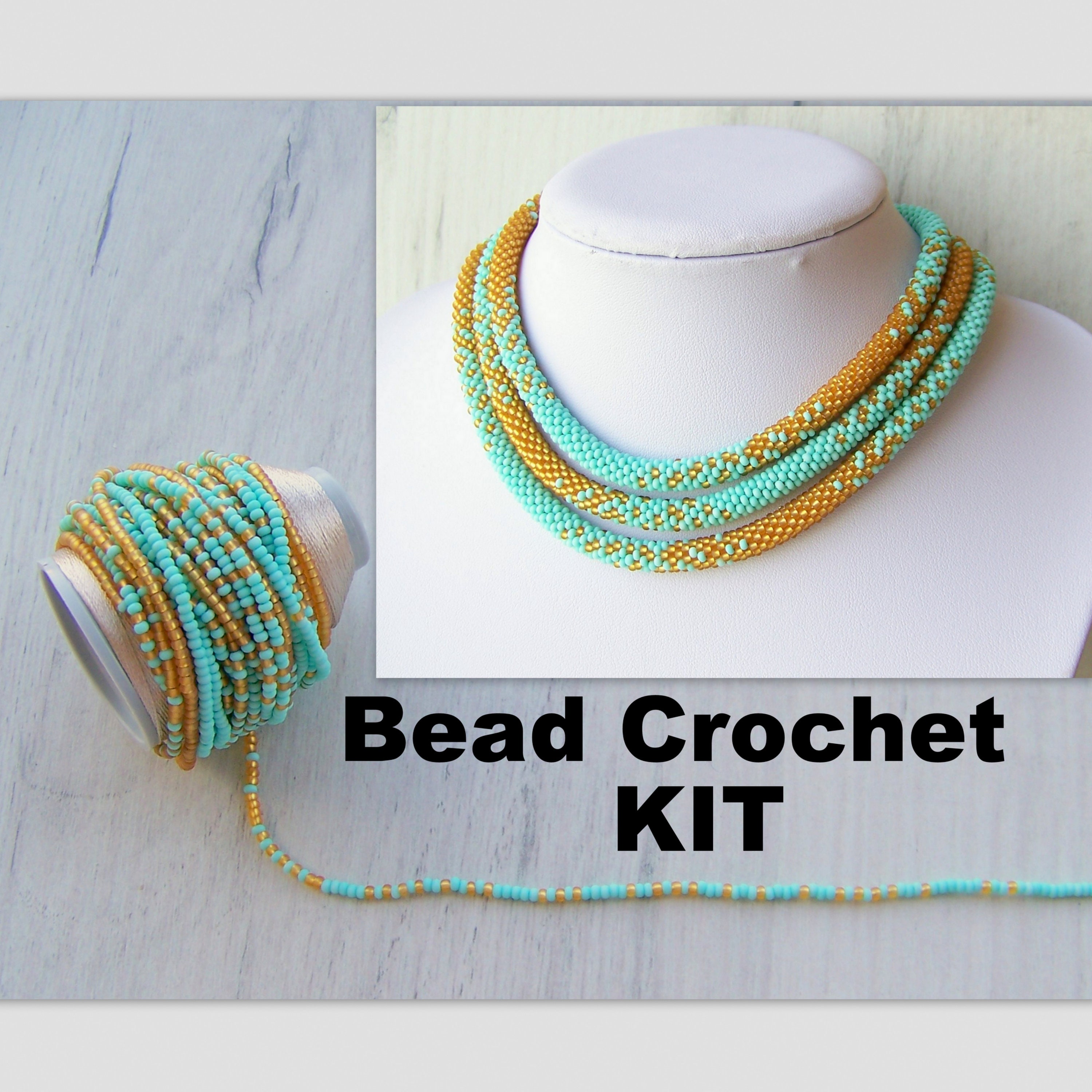 Bead Crochet Kit in Mint and Gold - Bead Crochet Necklace Making ...