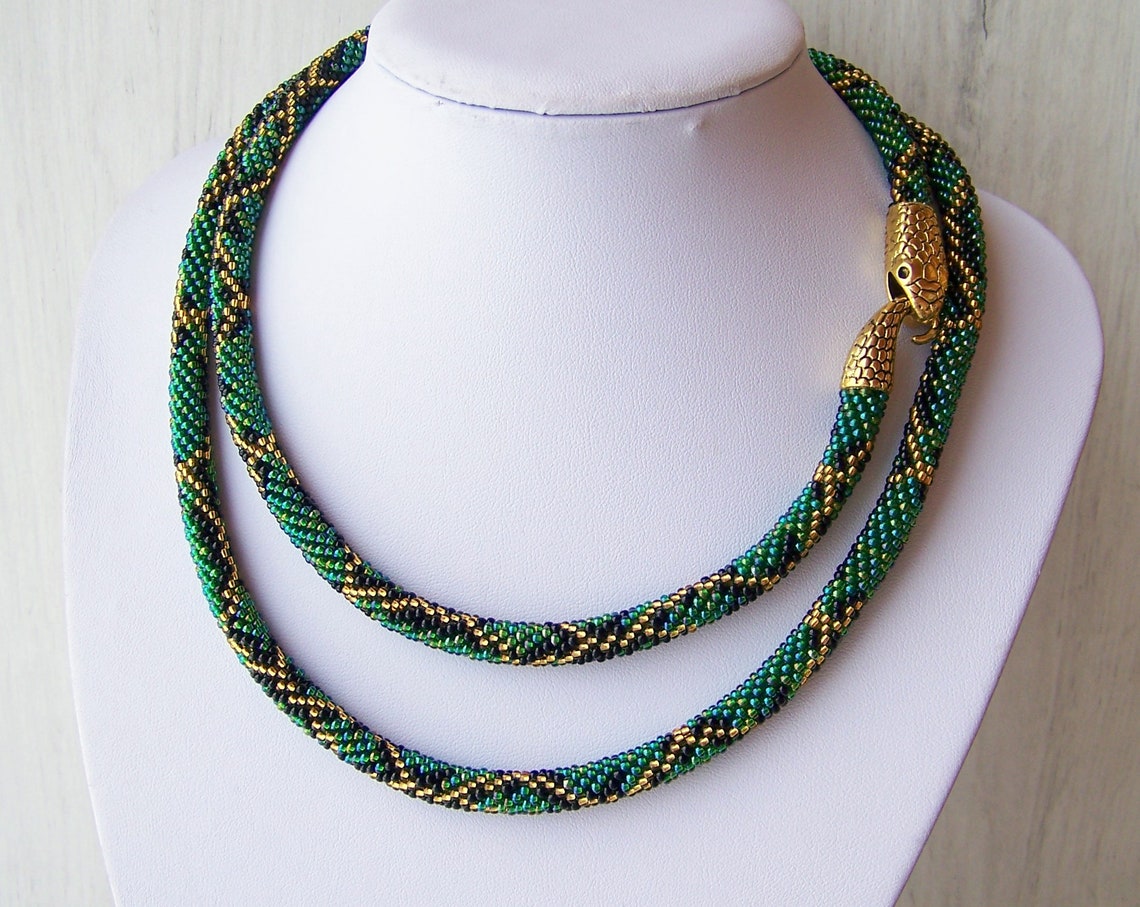 Green Serpent Bead Crochet Necklace Kit Statement Jewelry | Etsy