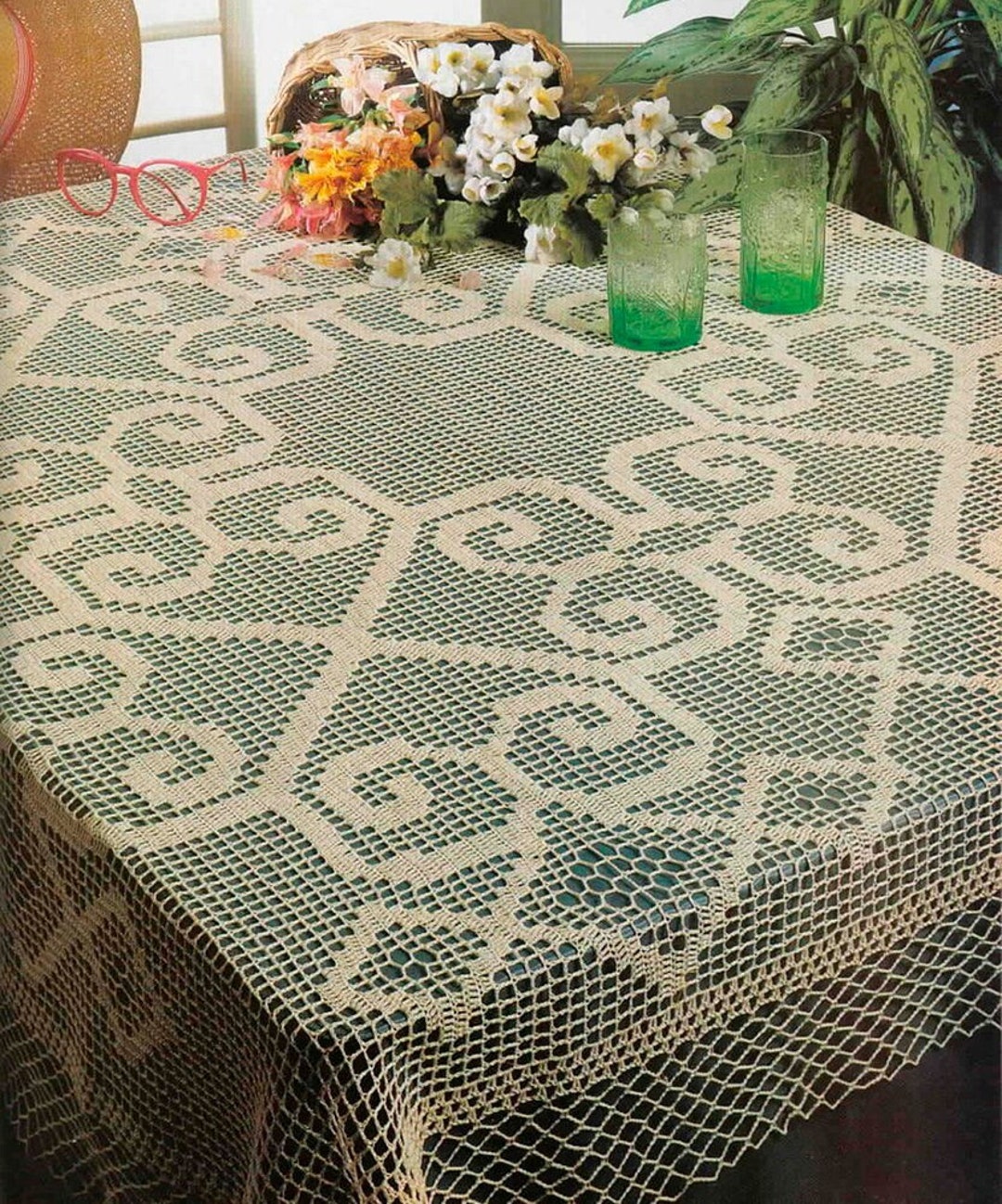 Filet Crochet Table Cover Vintage Pattern Size: 54 Ins Geometric ...