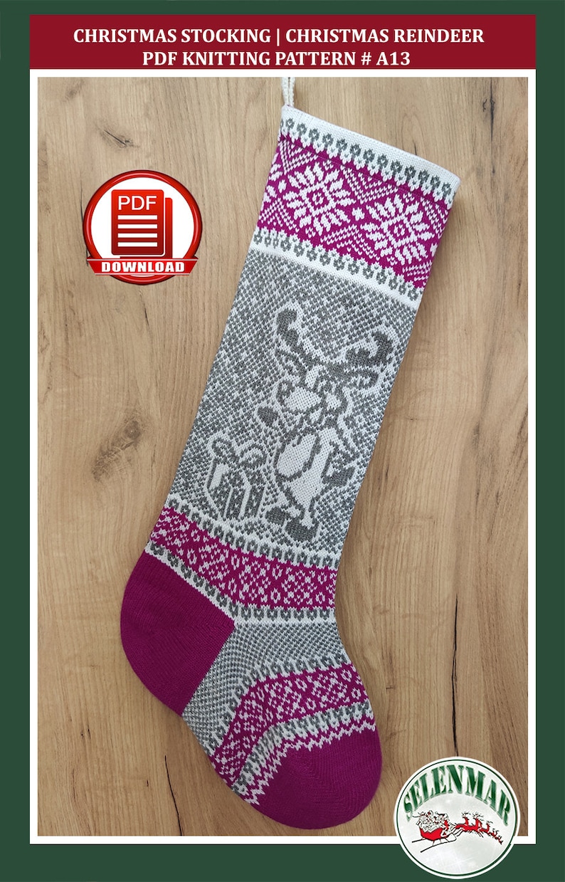 Knit Reindeer Stocking Pattern Fair Isle Christmas Stocking Large Santa ...