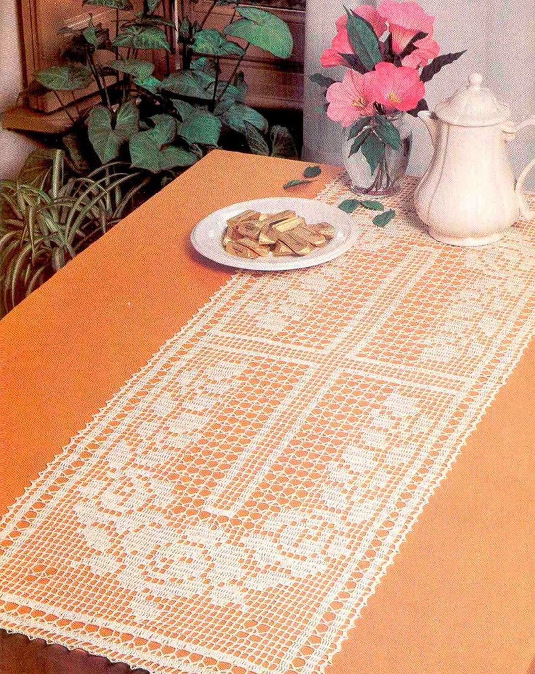 Vintage Chart Filet Crochet Pattern Table Runner |rose Garland Runner ...