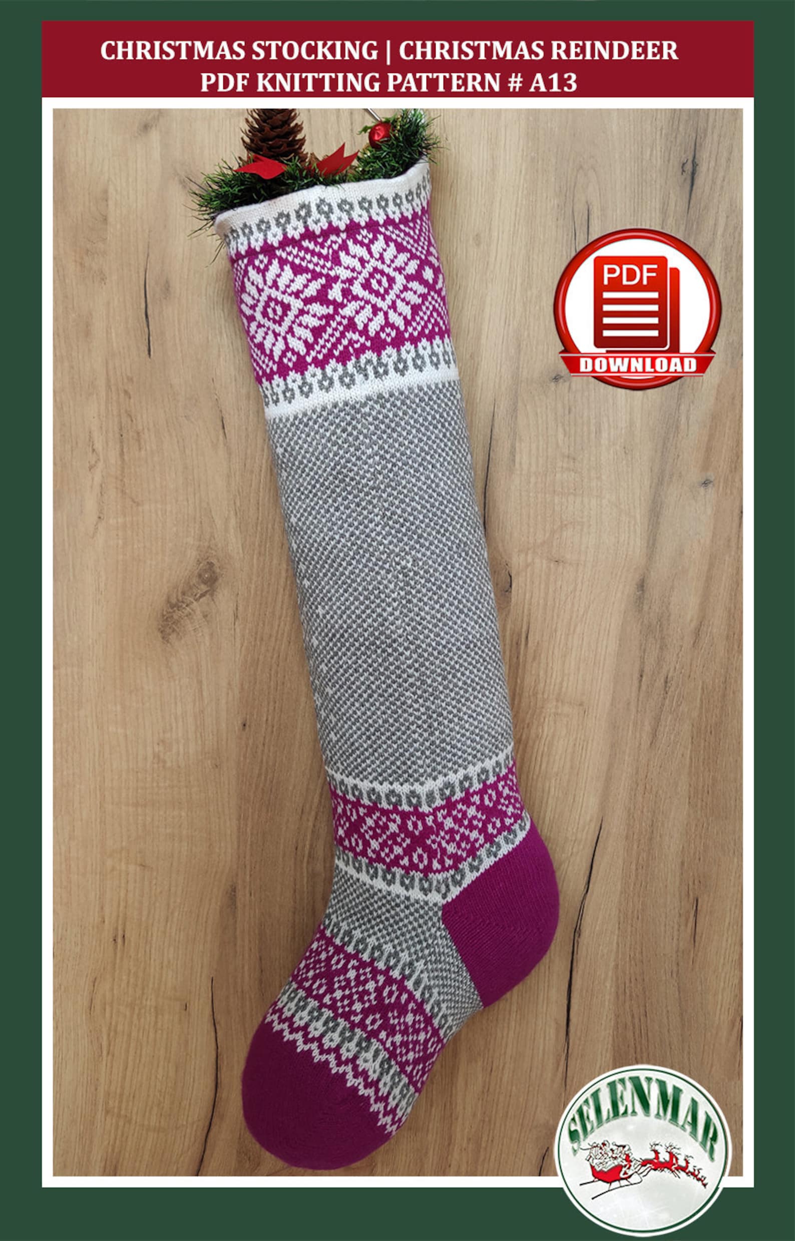Knit Reindeer Stocking Pattern Fair Isle Christmas Stocking Large Santa ...