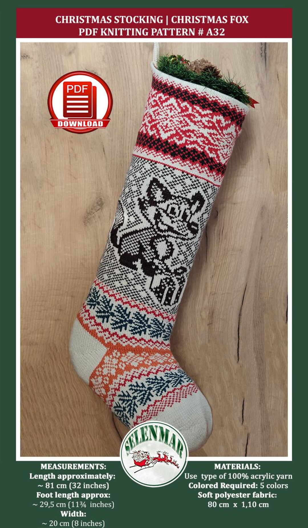 Knit Christmas Stocking Pattern Fox Stocking Large Family Xmas Sock ...