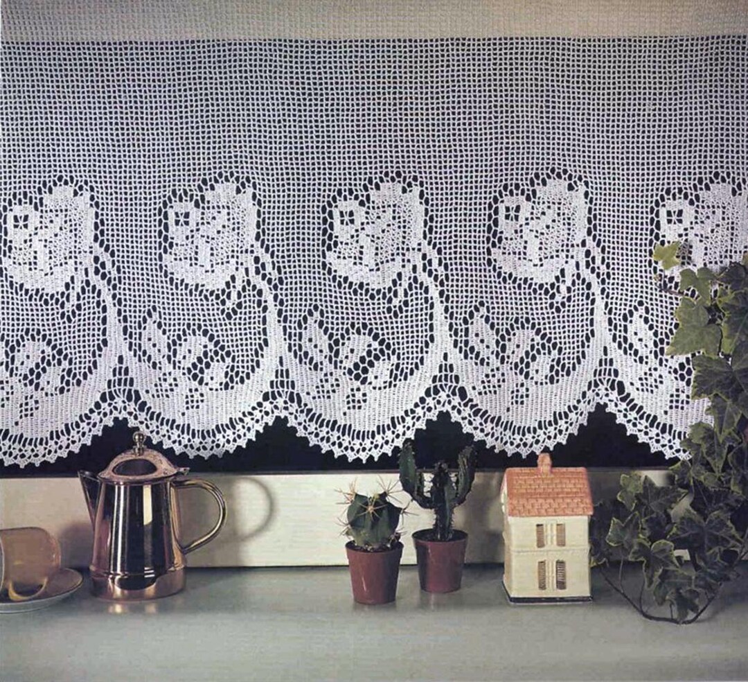 Filet Roses Curtains Crochet Pattern Country Cottage Kitchen Style ...