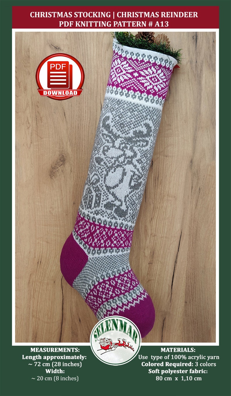 Knit Reindeer Stocking Pattern Fair Isle Christmas Stocking Large Santa ...