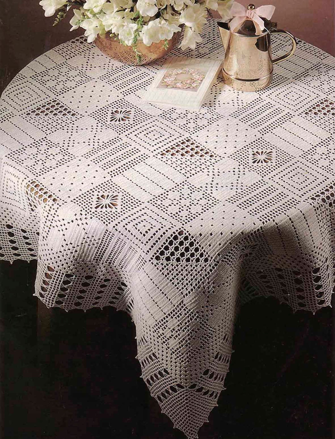Filet Tablecloth Crochet Pattern Size: 37 Ins Square Patchwork Lace ...