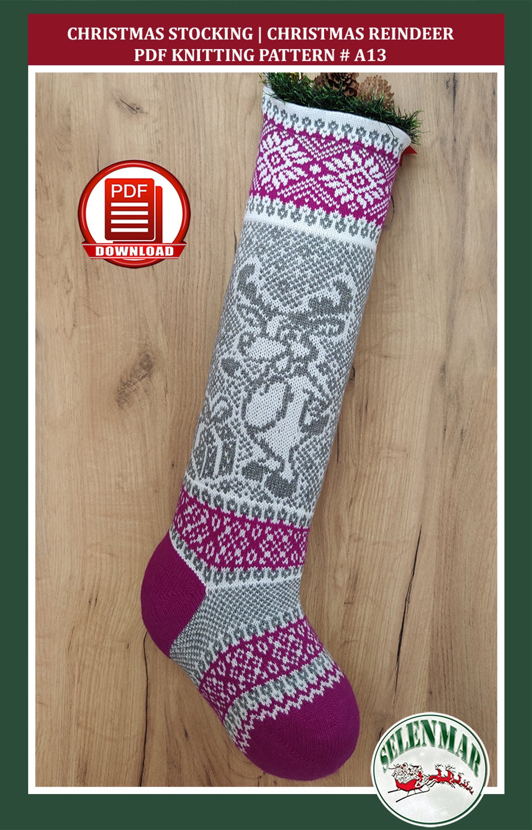 Knit Reindeer Stocking Pattern Fair Isle Christmas Stocking Large Santa ...
