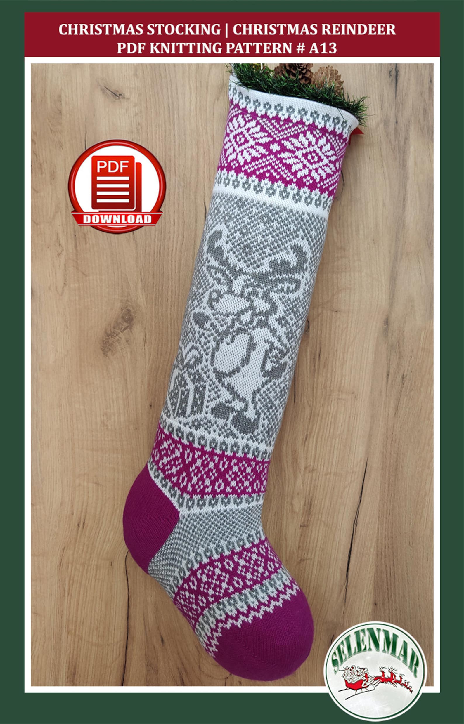Knit Reindeer Stocking Pattern Fair Isle Christmas Stocking Large Santa ...