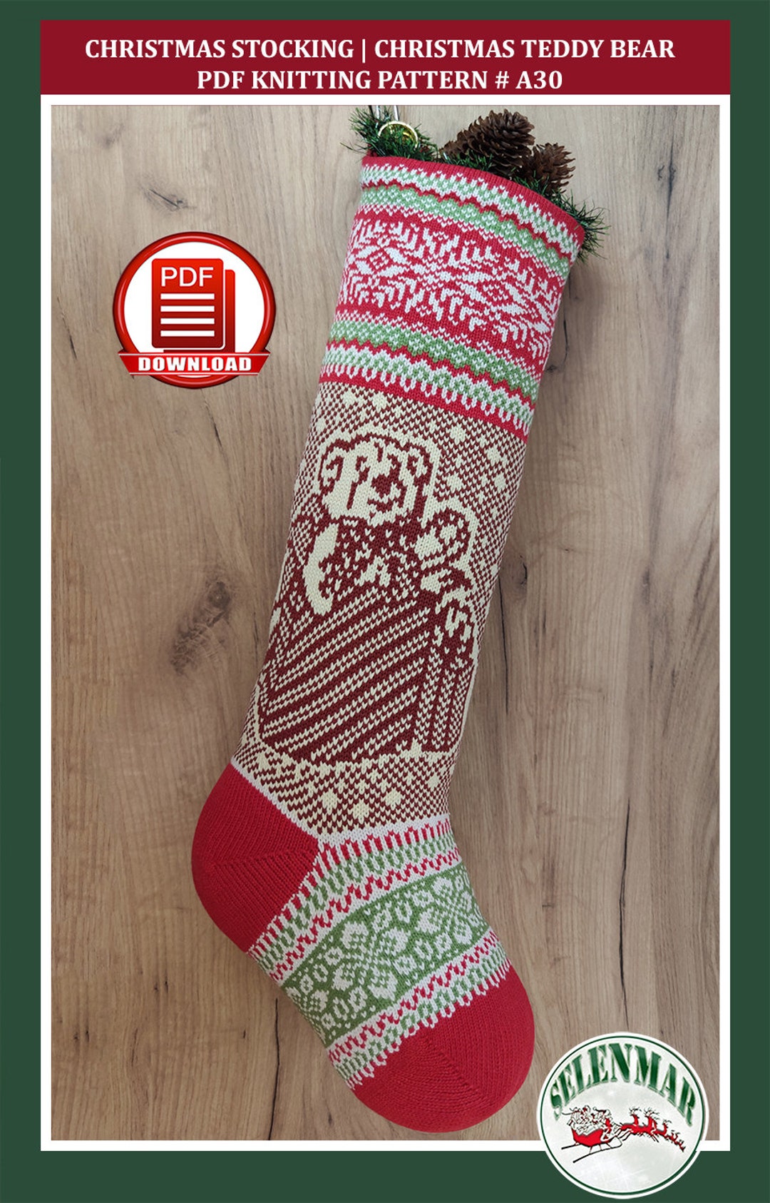 Teddy Bear Stocking Knitting Pattern Nordic Fair Isle Large Santa Sock ...