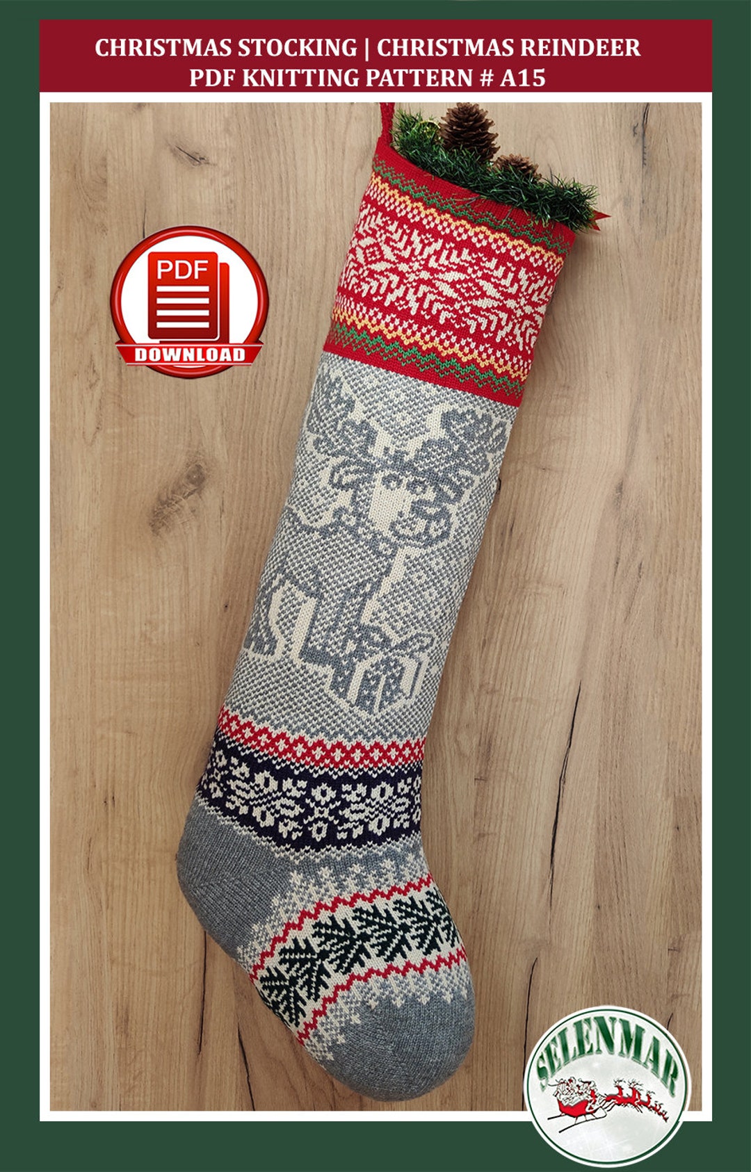 Elk Stocking Knitting Pattern Reindeer Large Holiday Stocking Fair Isle ...