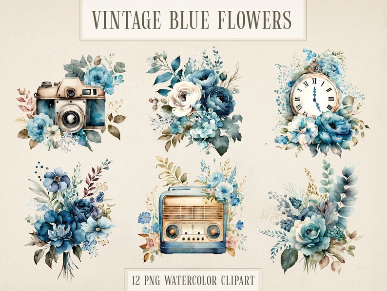 12 Vintage Blue Flowers Watercolor PNG Files - Instant Download ...