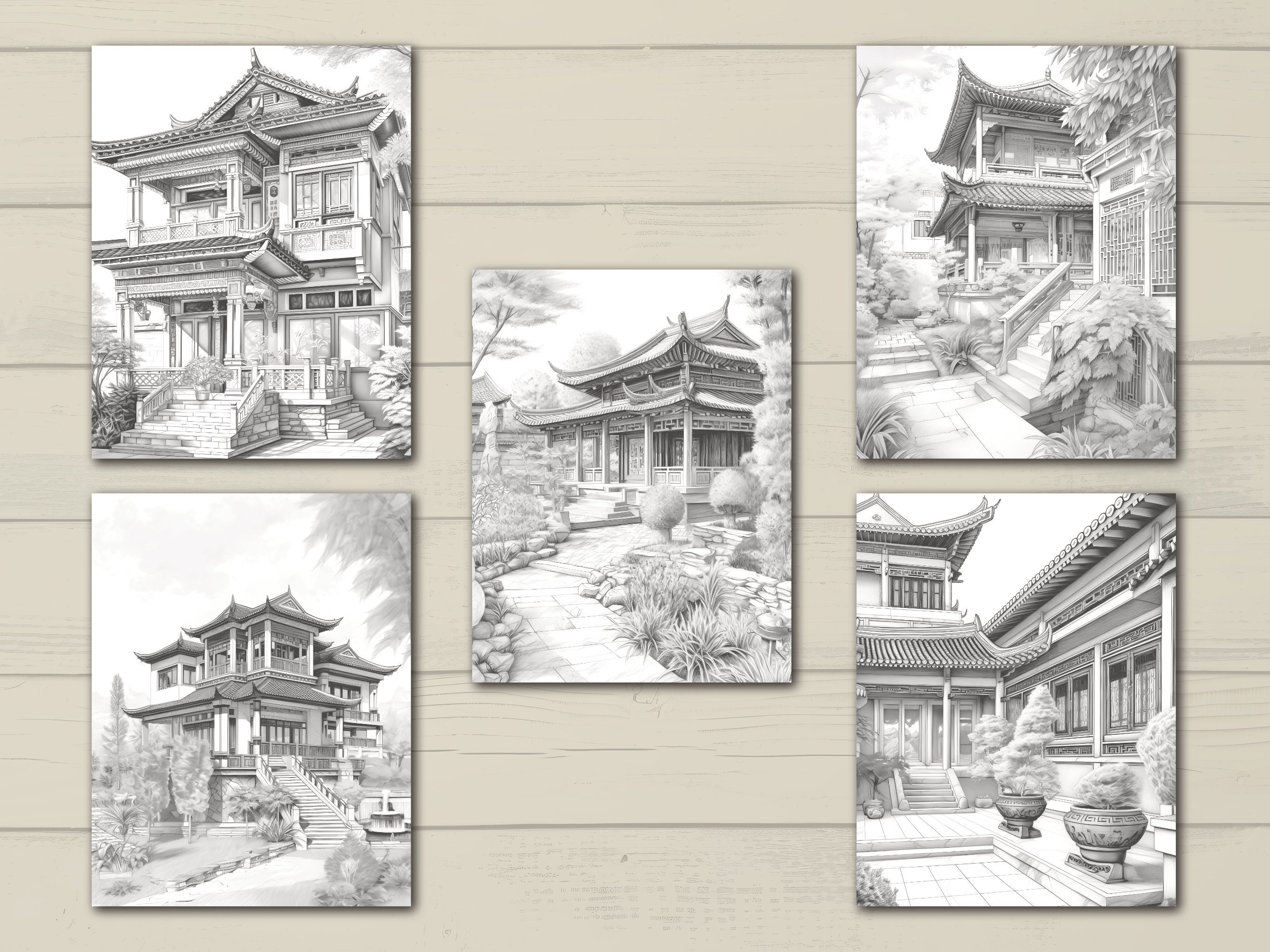 25 Old Chinese Houses Coloring Book - Adults Kids Coloring Pages ...