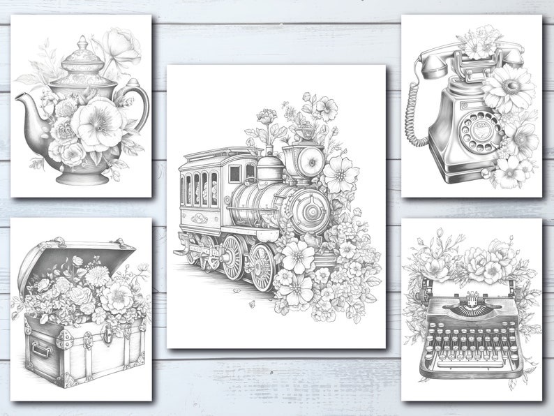 25 Vintage Flower Objects Coloring Book Adults Kids Coloring - Etsy