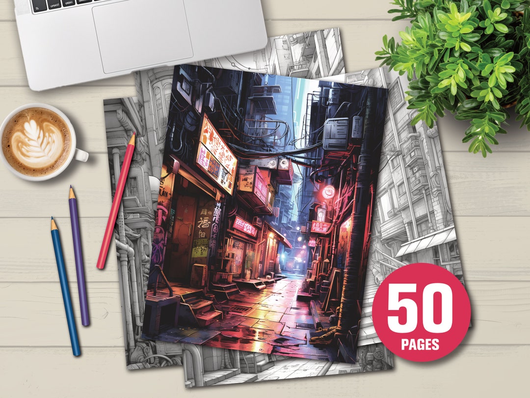 50 Cyberpunk Streets Coloring Book - Adults Coloring Pages, Instant ...