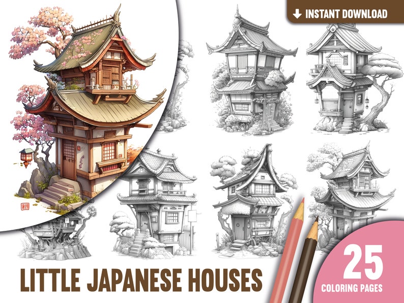 25 Little Japanese Houses Coloring Book Adults Kids Coloring - Etsy