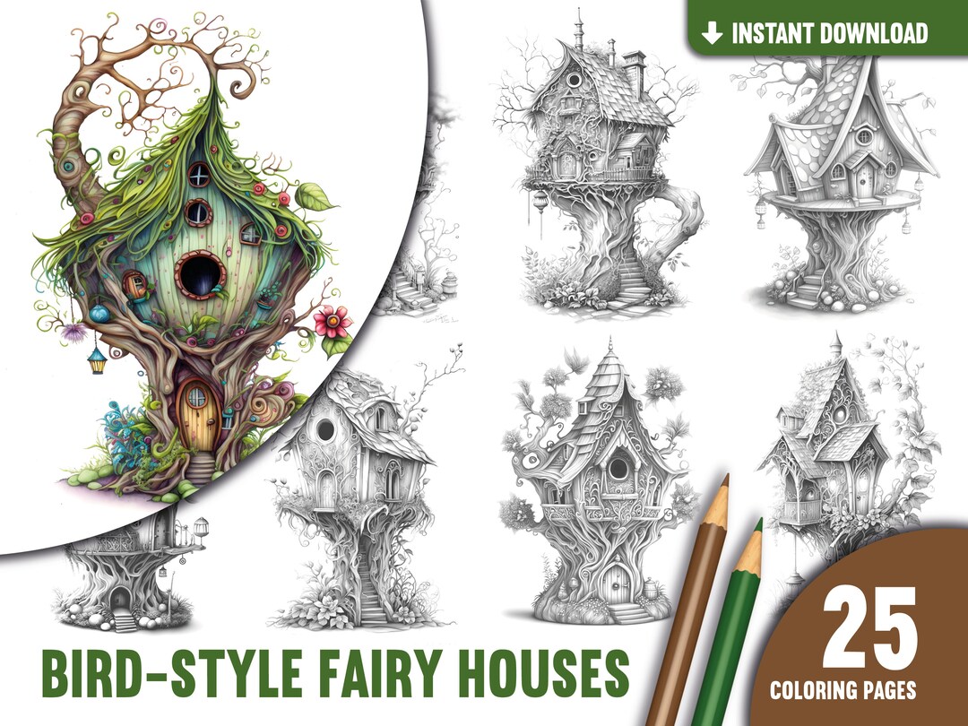 25 Bird-style Fairy Houses Coloring Book Adults Kids - Etsy