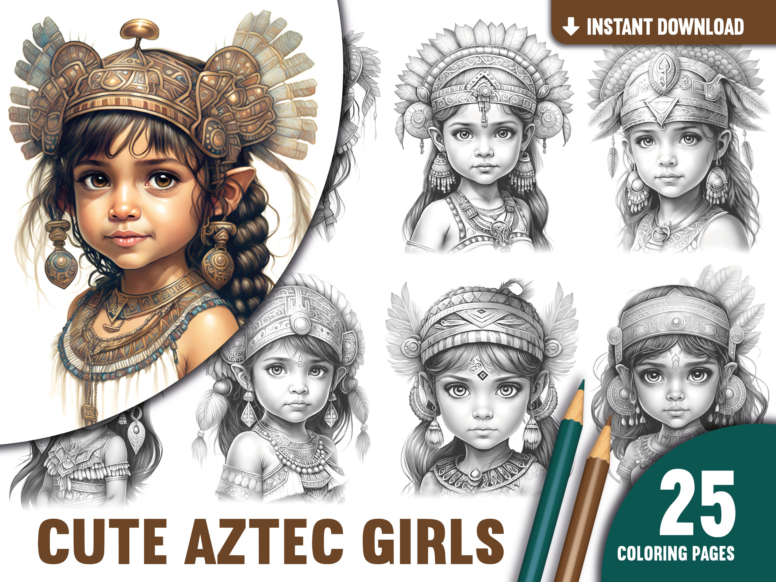 25 Cute Aztec Girls Coloring Book Adults Kids Coloring - Etsy