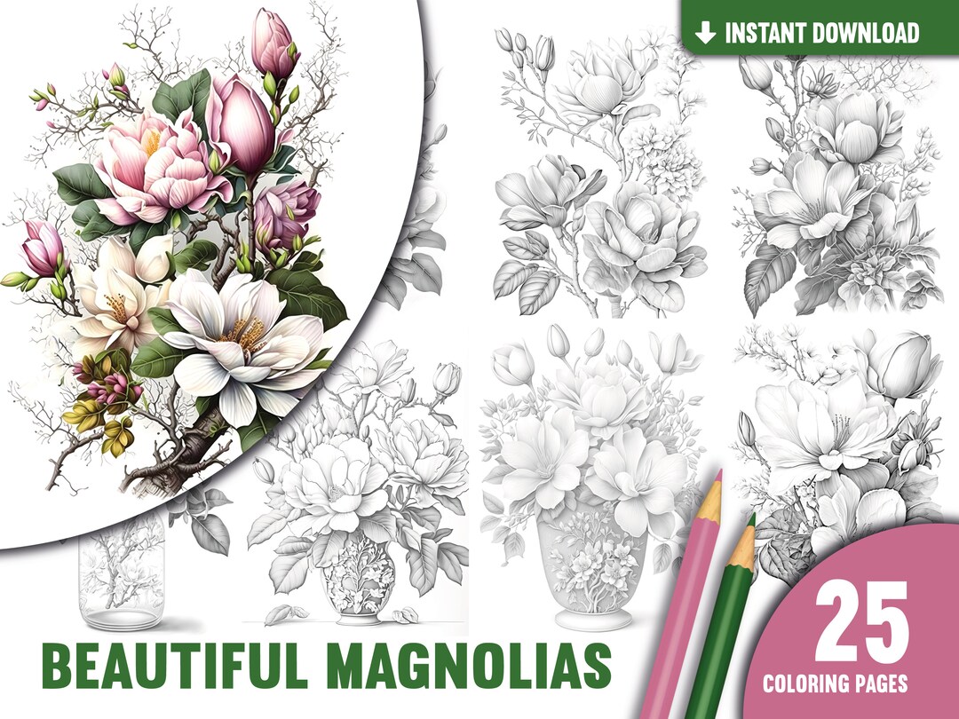 25 Beautiful Magnolias Coloring Book Adults Kids Coloring - Etsy