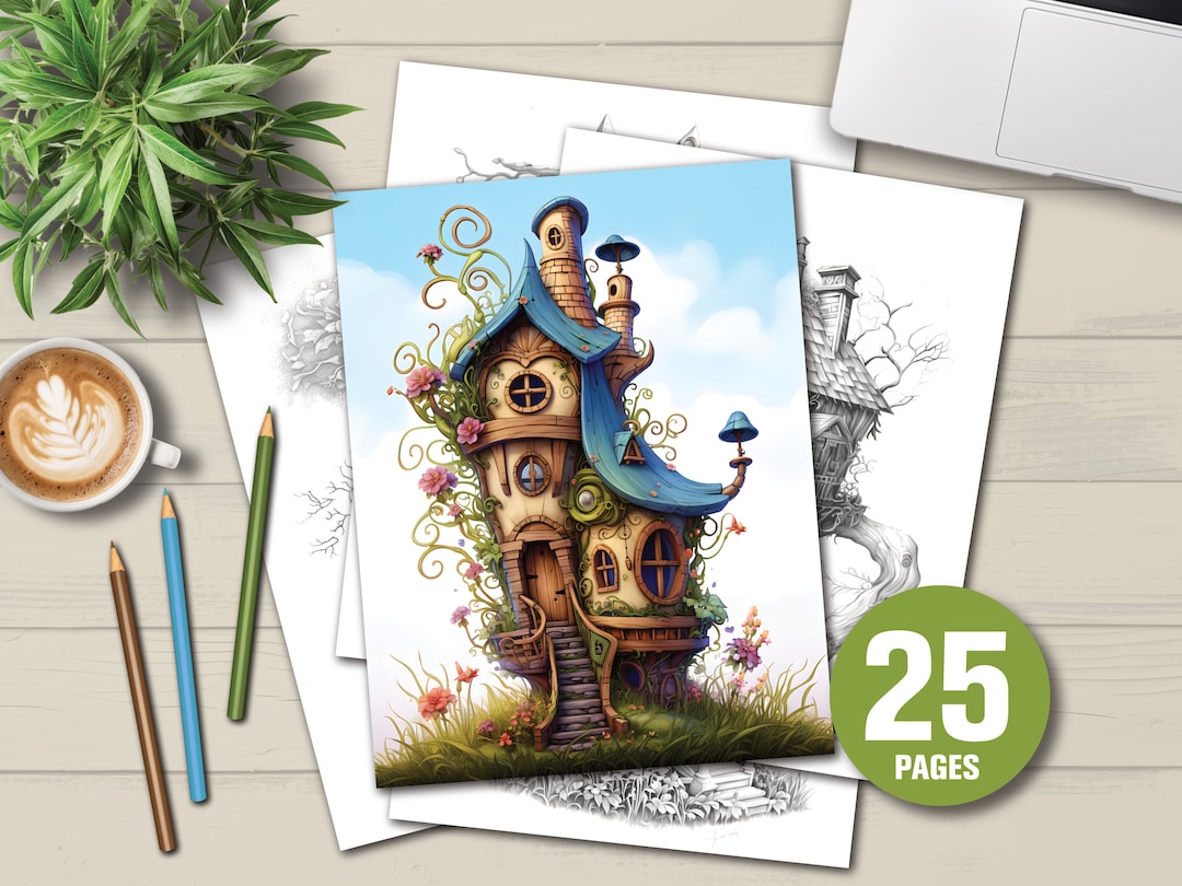 25 Bird-style Fairy Houses Coloring Book - Adults Kids Coloring Pages ...