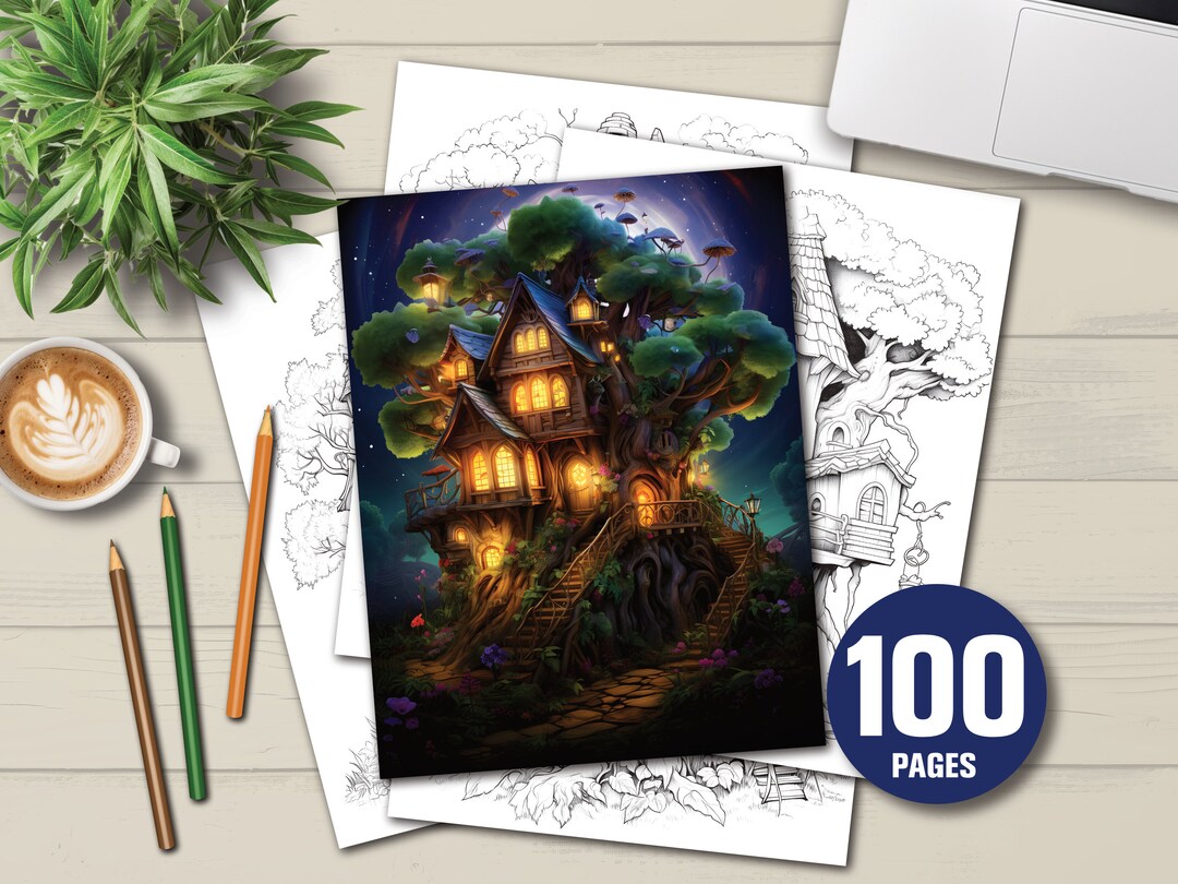 100 Enchanted Treehouse Coloring Book - Adults Coloring Pages, Instant ...