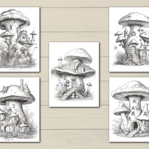 25 Enchanted Mushroom Houses Coloring Book - Adults Kids Coloring Pages ...