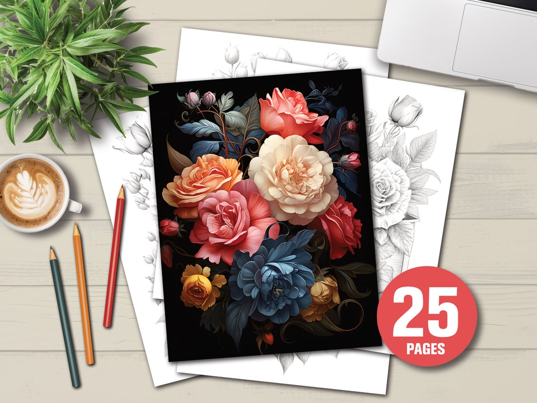 25 Beautiful Roses Coloring Book - Adults Kids Coloring Pages, Instant ...