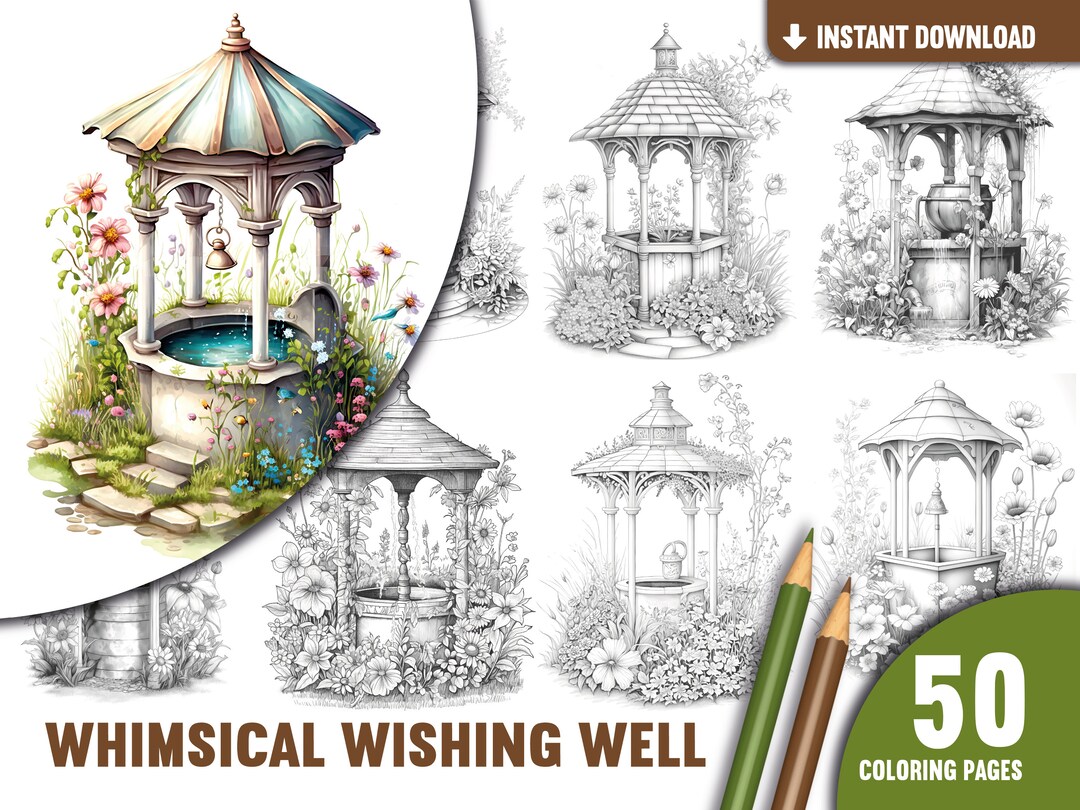 50 Whimsical Wishing Wells Coloring Book Adults Kids - Etsy