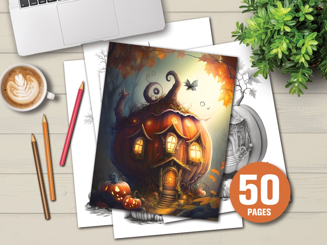 50 Pumpkin Fairy Houses Coloring Book - Adults Kids Coloring Pages ...