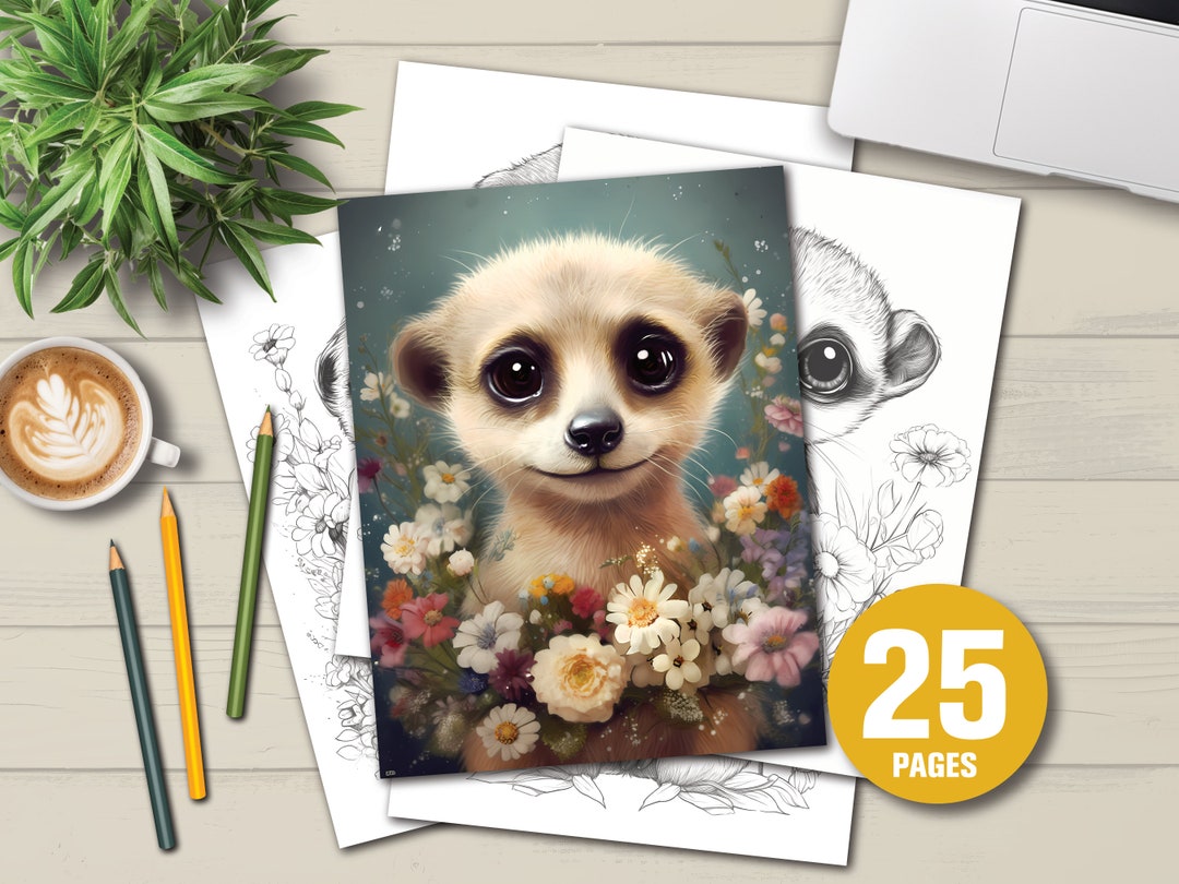 25 Cute Flower Meerkats Coloring Book - Adults Kids Coloring Pages ...