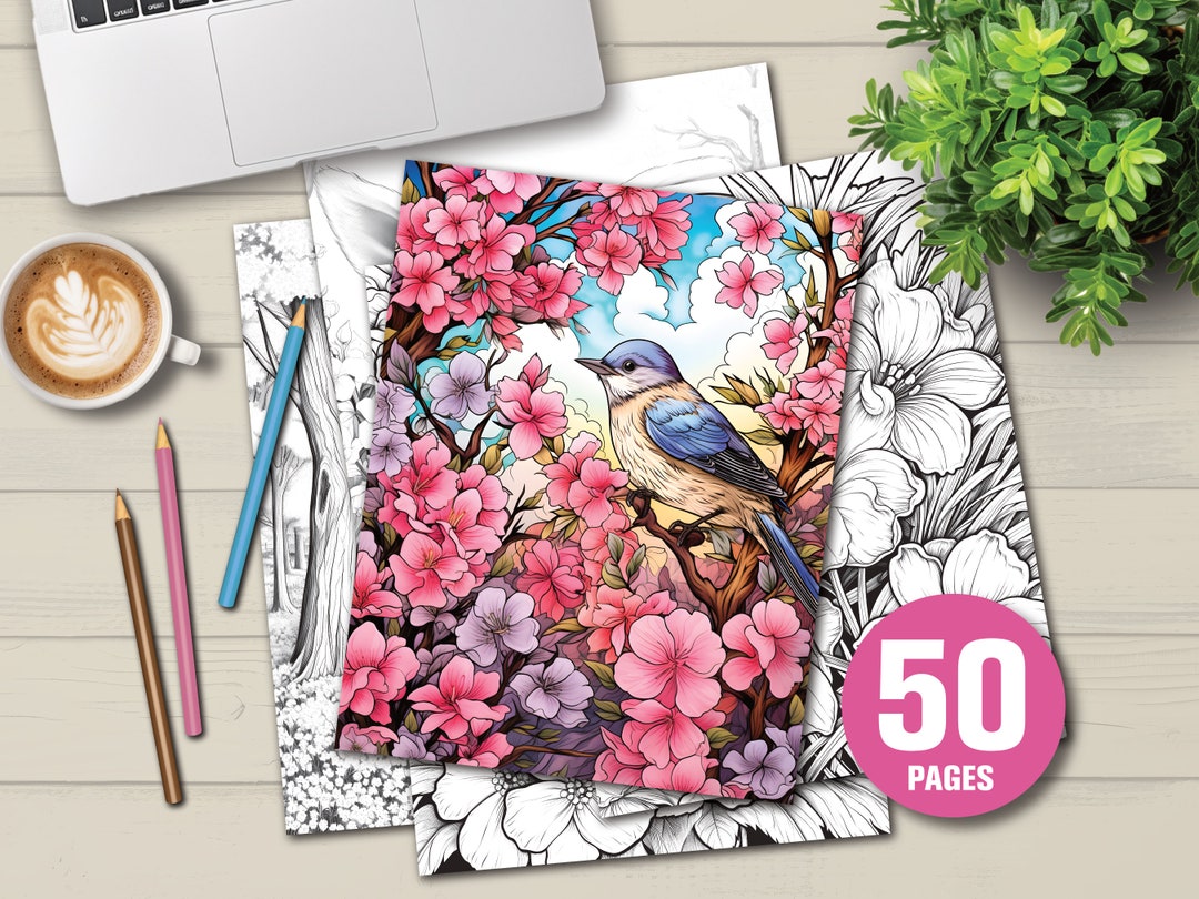 50 Springtime Images Coloring Book - Adults Kids Coloring Pages ...