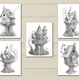 25 Bird-style Fairy Houses Coloring Book - Adults Kids Coloring Pages ...