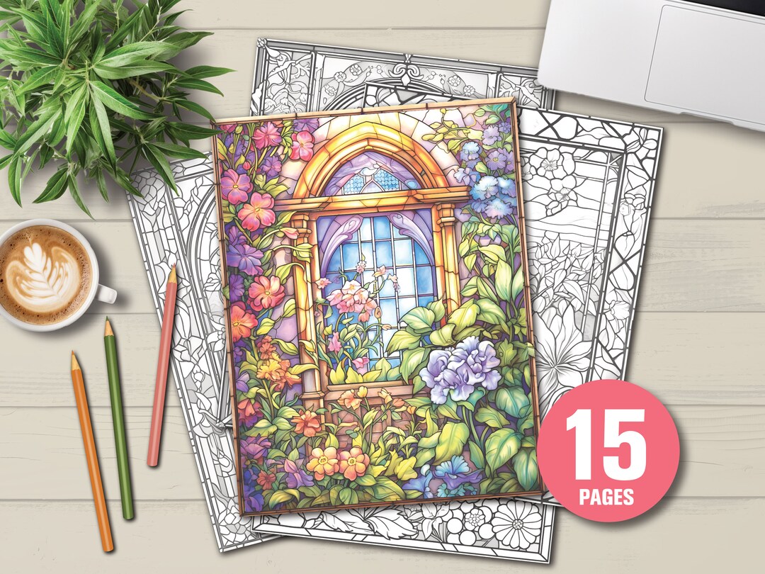 15 Floral Stained Glass Coloring Book - Adults Kids Coloring Pages ...