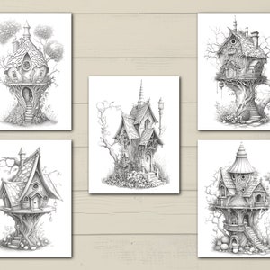 25 Bird-style Fairy Houses Coloring Book - Adults Kids Coloring Pages ...