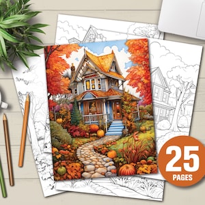 25 Cozy Autumn Houses Coloring Book - Adults Kids Coloring Pages ...