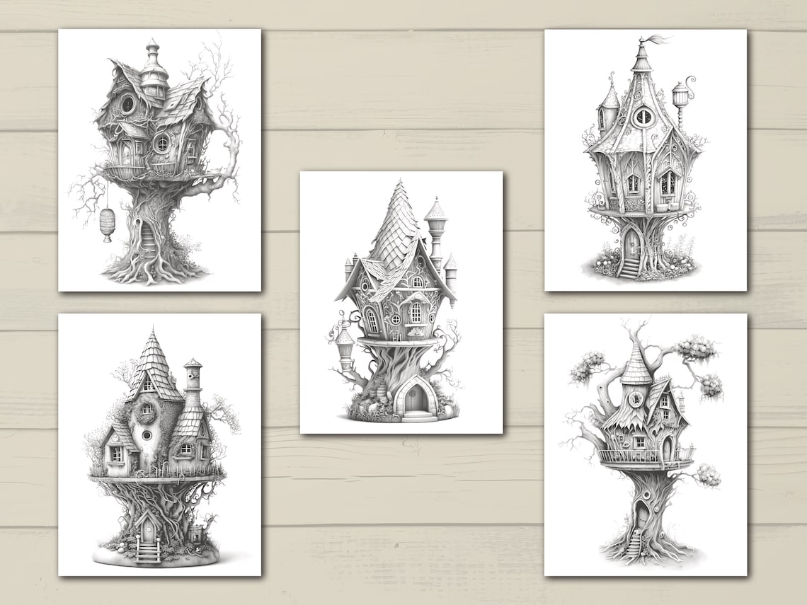25 Bird-style Fairy Houses Coloring Book - Adults Kids Coloring Pages ...