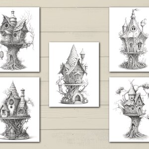 25 Bird-style Fairy Houses Coloring Book - Adults Kids Coloring Pages ...