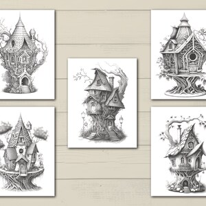 25 Bird-style Fairy Houses Coloring Book - Adults Kids Coloring Pages ...