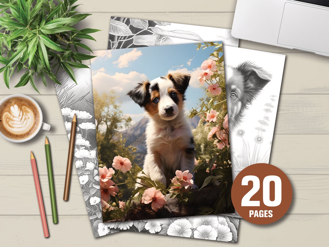 20 Cute Young Dogs Coloring Book - Adults Kids Coloring Pages, Instant ...