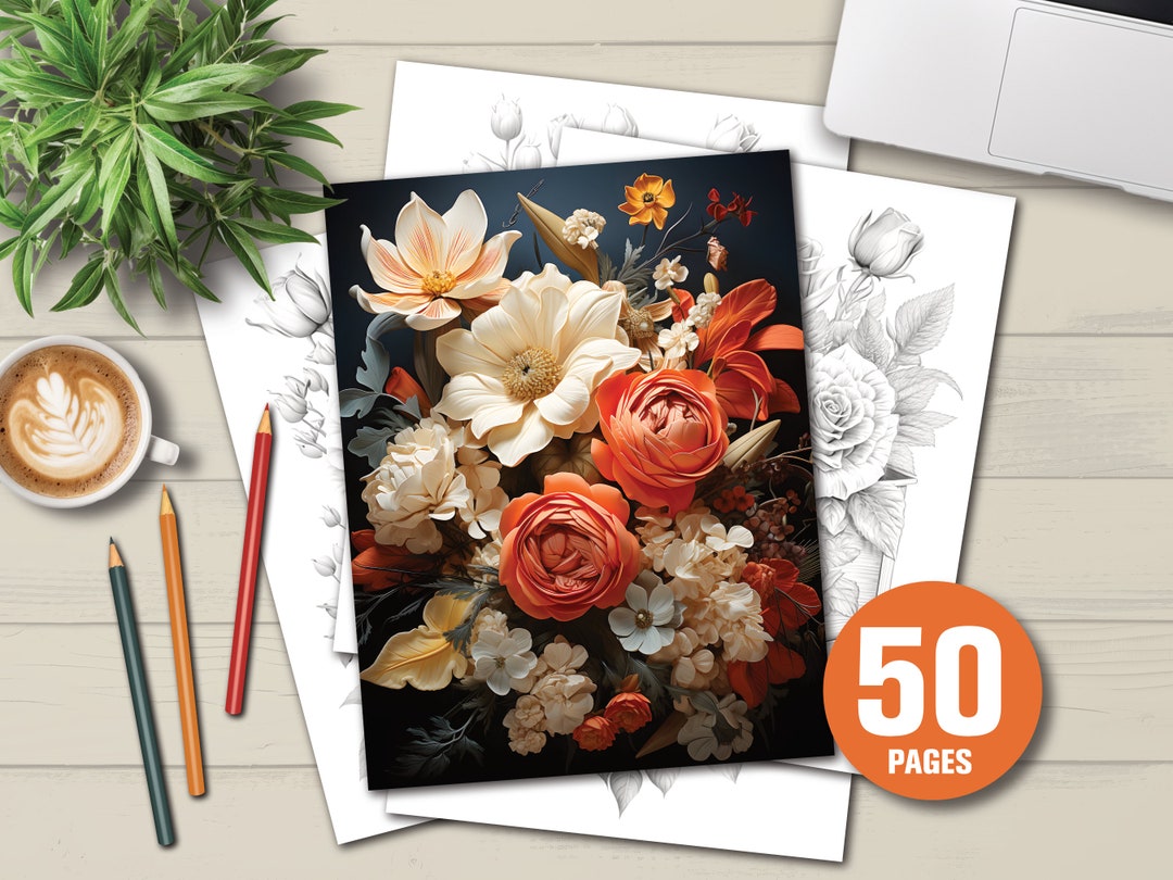 50 Beautiful Flowers Coloring Book - Adults Kids Coloring Pages ...