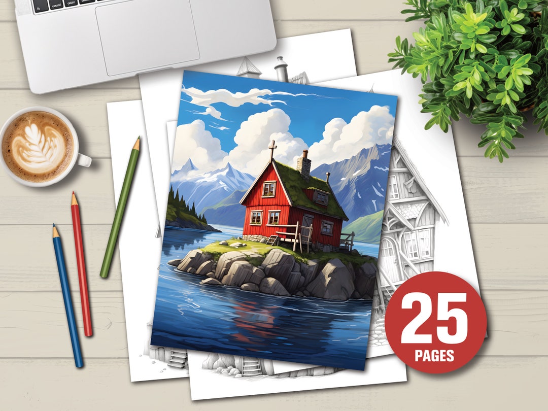 25 Little Norwegian Houses Coloring Book - Adults Kids Coloring Pages ...